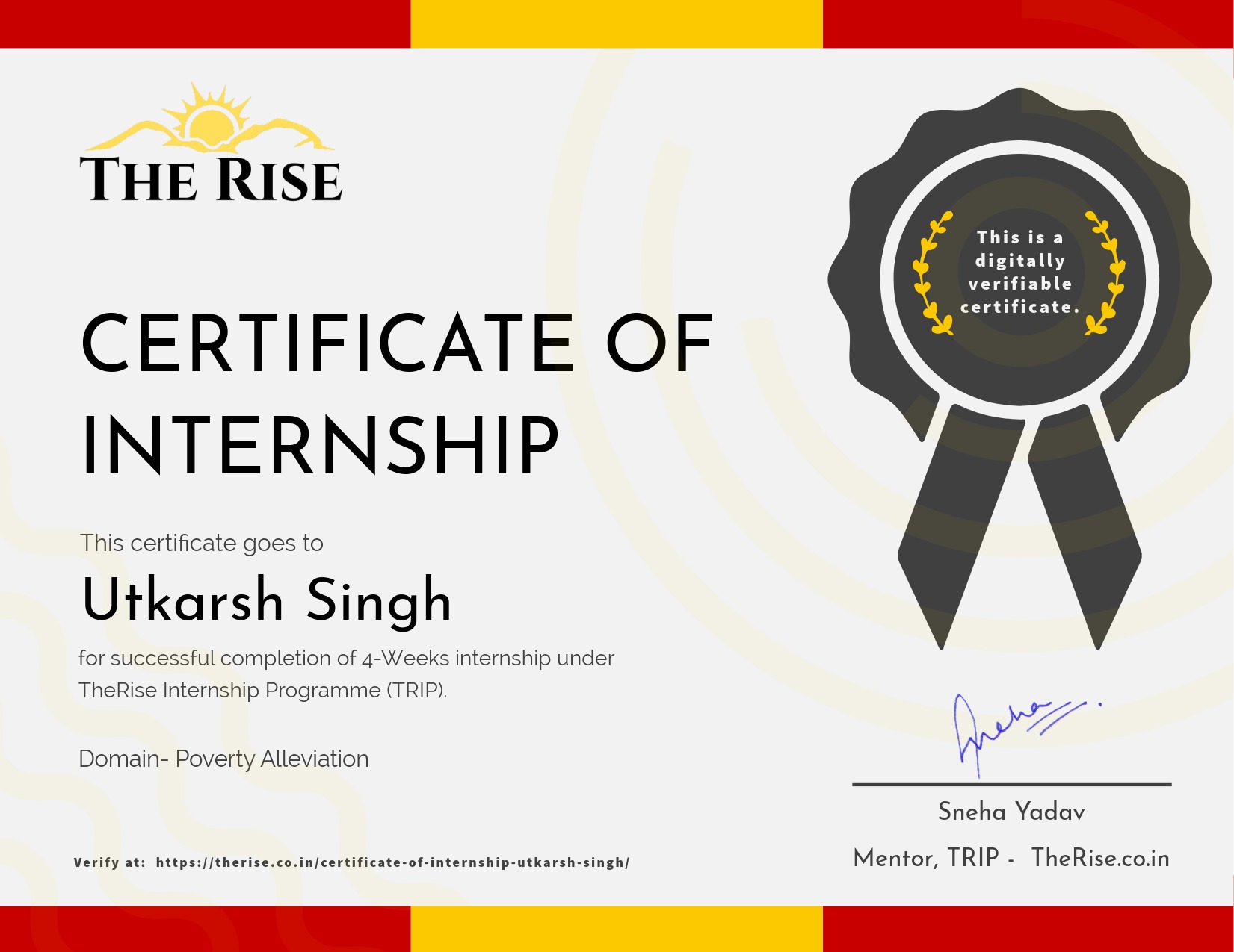 Certificate of Internship- Utkarsh Singh - The Rise